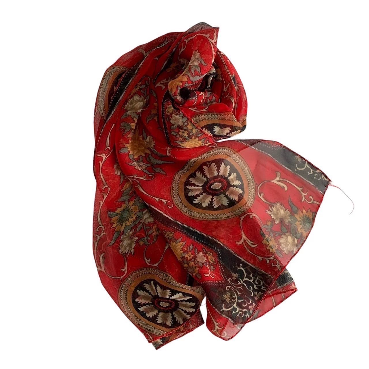 スカーフ マフラー ネッカチーフ ロング 薄手 ノーブランド レッド 赤 ブラック 黒 花柄 総柄 レトロ レディース ■商品情報■ ●タイトル　スカーフ マフラー ネッカチーフ ロング 薄手 ノーブランド レッド 赤 ブラック 黒 花柄 ...