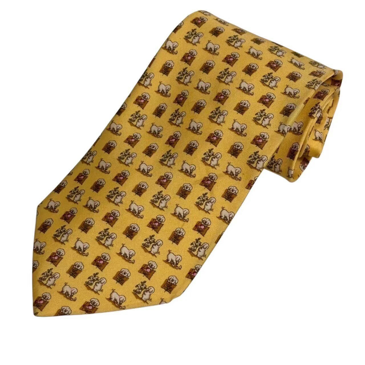 Salvatore Ferragamo サルバトーレフェラガモ フェラガモ ネクタイ 黄系 イエロー 犬 総柄 小紋柄 シルク ビジネス スーツ ファッション 紳士 メンズ ■商品情報■ ●タイトル　Salvatore Ferragamo ...