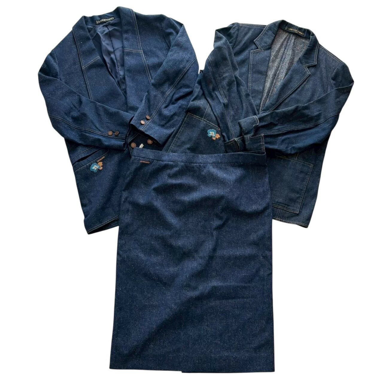 LEONARD レオナール ジャケットセットアップ3着セット 青系 ブルー系 3着セット シルク100% ジャケット セットアップ スカート 花柄刺繍 刻印ボタン レディース 11AB3サイズ 11号 Lサイズ ■商品情報■ ●タイトル　L...