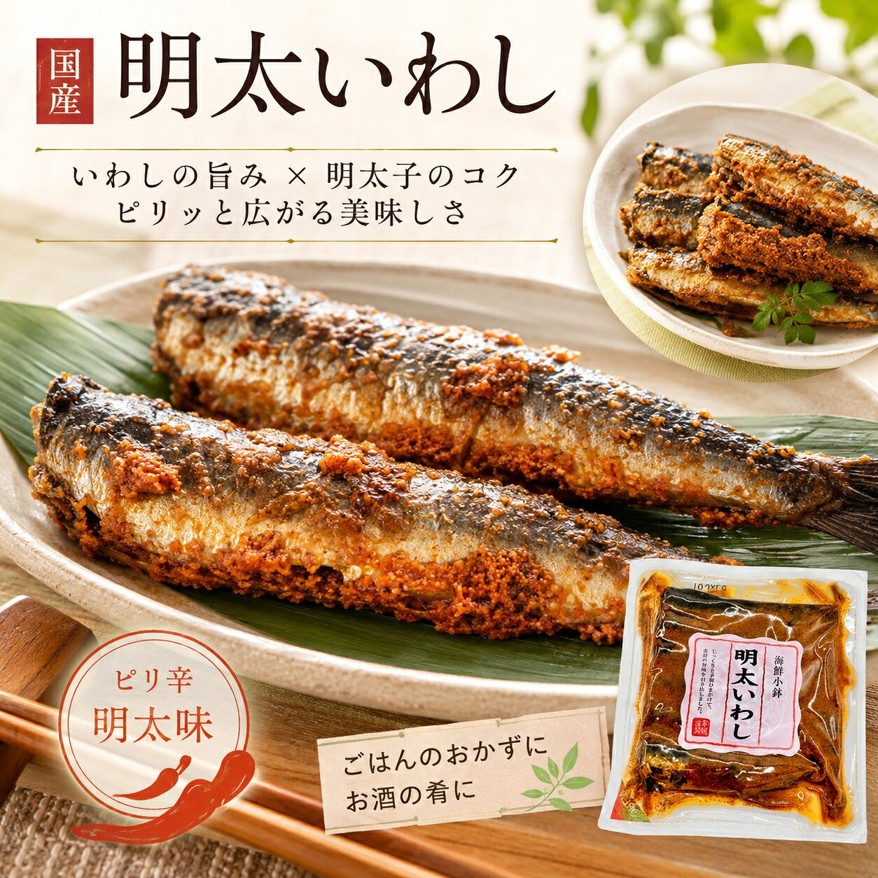 商品情報名称国産明太いわし原材料名いわし（銚子沖）、砂糖、たらこ、醤油、還元水飴、キムチの素、みりん、魚醤、醸造酢、梅酢、かつお節エキス、でん粉、酵母エキス、唐辛子/調味料（アミノ酸等）、酸味料、アナトー色素、（一部に小麦・大豆を含む）内容...