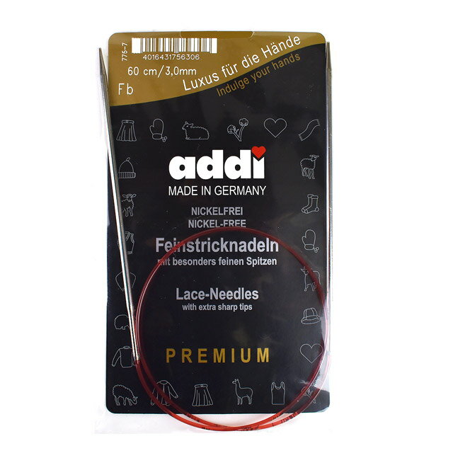 Product Features 商品説明 ドイツ・addi社（アディ社）のメタル製輪針です。針はすべりがよく、針先が鋭角なのが特徴です。コードは柔軟性に優れているのでよくしなり、ねじれることなく編み進めることができるのでマジックループ編み...