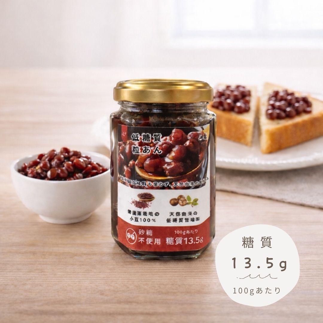 【品名】～砂糖をつかわずに作りました～ 低糖質 粒あん【内容量・個数】1瓶：150g 選べる個数 ・3瓶 ・6瓶 ・9瓶【原材料・栄養成分】●材料名：小豆（北海道産）、エリスリトール、塩／甘味料（羅漢果抽出物） 栄養成分表示[100gあたり...