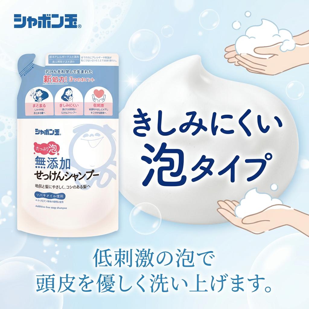 発売元、製造元、輸入元又は販売元【シャボン玉販売】【 商品説明 】「無添加せっけんシャンプー泡タイプ　つめかえ」は、指通りよくしなやかにまとまる髪になり、きしみにくい泡タイプのシャンプーです。無添加せっけんシャンプー泡タイプがきしみにくい処...