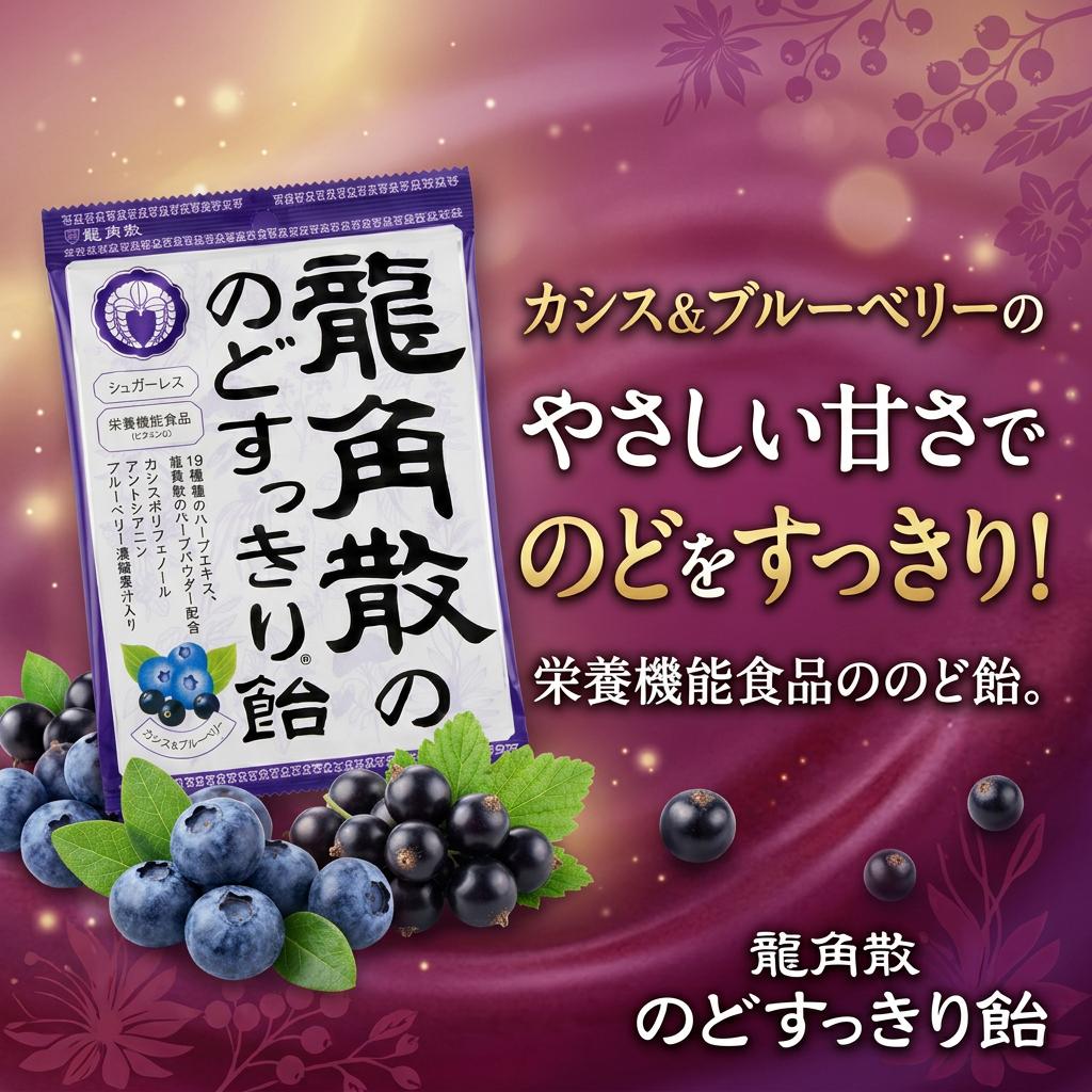 発売元、製造元、輸入元又は販売元　【 龍角散 】【 商品説明 】「龍角散ののどすっきり飴　カシス＆ブルーベリー味」は、ビタミンC、β-カロテンの栄養機能食品です。19種類のハーブエキス、龍角散のハーブパウダーを配合しています。カシスポリフェ...