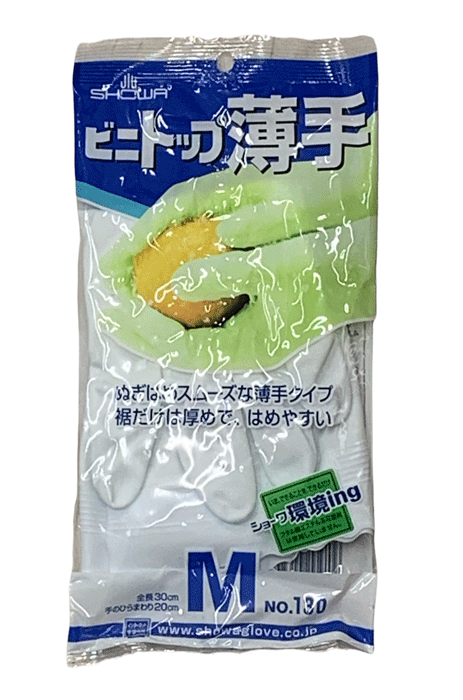 商品名 ビニトップ薄手　No.130 製品情報 塩化ビニール製薄手タイプ（裏毛なし） 内容量 1双 サイズ Mサイズ(全長:30.0 cm、手のひらまわり:20.0 cm、中指長さ:7.8 cm) 材料名 塩化ビニール樹脂(非フタル酸エステ...