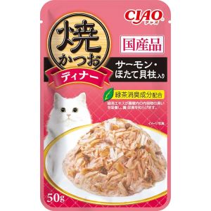 風味豊かなほたてだしを使用【原材料】かつお、サーモン、ほたて貝柱、ほたてエキス、寒天、糖類(オリゴ糖等)、でん粉、植物性油脂、ミネラル類、増粘多糖類、調味料(アミノ酸等)、増粘剤(加工でん粉)、ビタミンE、紅麹色素、緑茶エキス【成分】たんぱ...