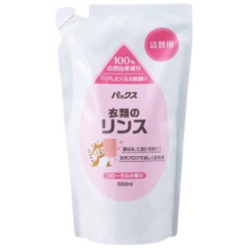 ■商品名：パックス 衣類のリンス 詰替■内容量：550ml■メーカー：太陽油脂■原材料：クエン酸、天然ガム、エチルアルコール、緑茶エキス、ヒノキチオール、天然香料■商品詳細：天然アロマで愉しく洗える、石けん洗濯専用のリンスです。クエン酸の力...
