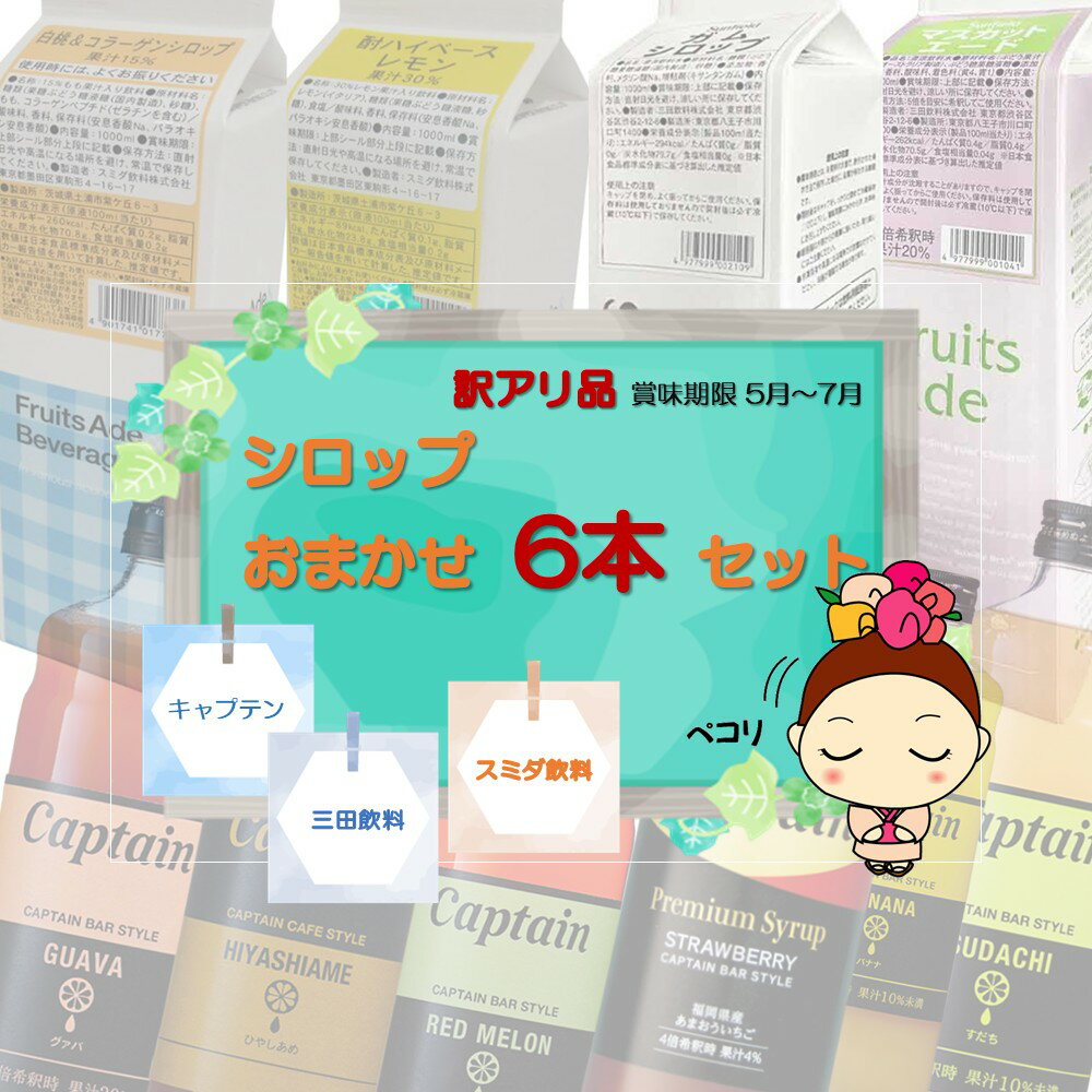 賞味期限が近い訳アリ品です。 キャプテン・スミダ飲料・三田飲料の定番シロップから 6本選んで発送します。 何が届くかお楽しみください。 カクテルやデザートなどいろいろとお試しできます。 全てノンアルコールシロップです。 ＜シロップ一例＞ ◆...