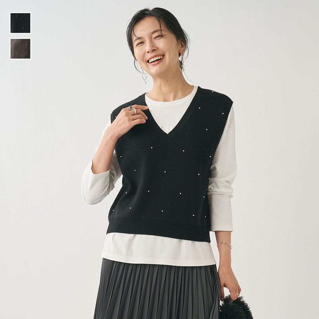 ●POINT・着るだけで華やぐメタルパーツを施したビジューベスト・華美になりすぎない、程よく華やぐバランスで入ったデザイン・一枚で着てもレイヤードしてもきまるサイズ感・体のラインを拾いにくい中肉の編地●機能ウォッシャブルモデル身長：165c...