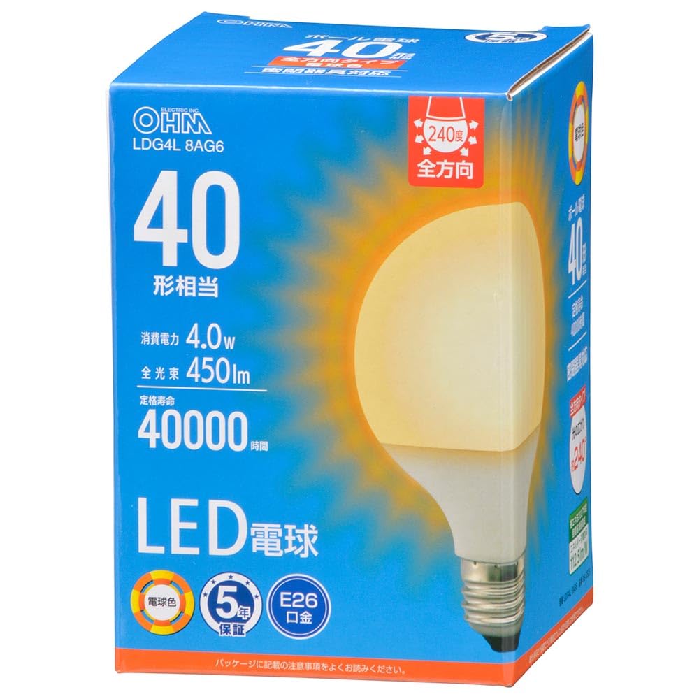 G80・電球色 40形 LDG4L 8AG6・・Color:電球色Size:40形Style:G80・寸法：全長…115mm、外径…80mm・定格消費電力：4.0W・全光束：450 lm・平均演色評価数：Ra83・定格寿命：40000h説明...
