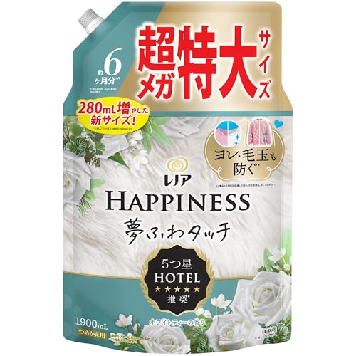 -/超メガ特大/-・PatternName:詰め替え 1900mL・パッケージ個数:1・新レノアハピネス夢ふわタッチは、洗濯するたび気になる衣類のダメージまで防ぐ。Tシャツの首元のヨレやニットの毛玉を防いで*、5つ星ホテルも認めたなめらかな...