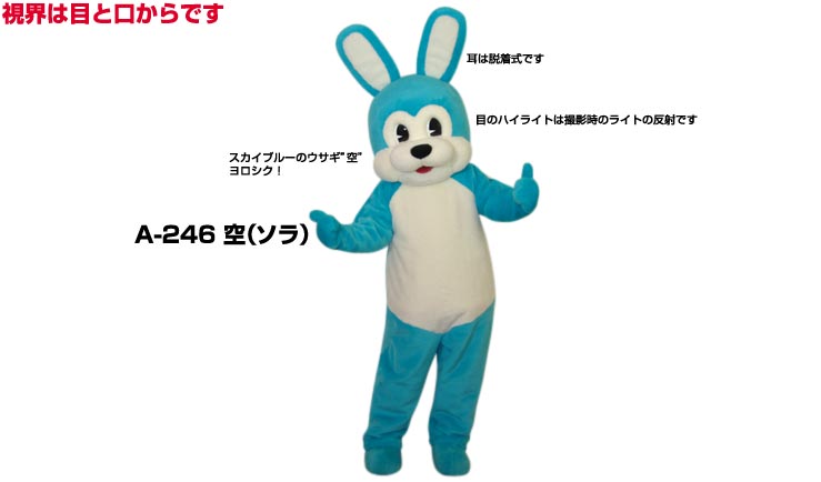 定番☆うさちゃんシリーズ！爽やかスカイブルー☆空（ソラ）です！ （画像は拡大できます） こちらの商品の視界は目と口からとなっております。 お顔、ボディともにライトブルーです。ボリュームお耳のうさちゃんです☆ アニマルスーツタイプです。 大切...