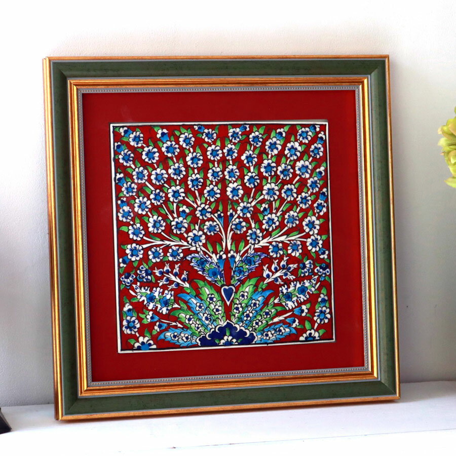プラムツリー・レッド Turkish Hand Paint Tile">トルコ陶器 手書きタイル 1枚額 H31×W31×D2.5cm プラムツリー・レッド Turkish Hand Paint Tile全体サイズ：H31×W31×D2.5...
