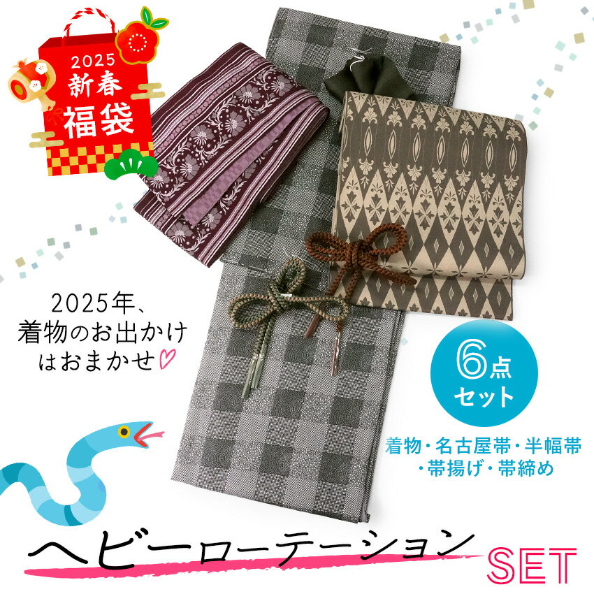 袷着物・帯2本・帯締め2本・帯揚げの6点セット！ 巳年にちなんでヘビロテセットはいかがですか？ 着回し無限大なコーディネートセットです。 年末年始はもちろん、スリーシーズン使えて便利♪ 着物と帯はお手入れ簡単ポリエステル素材。 家庭洗濯でき...