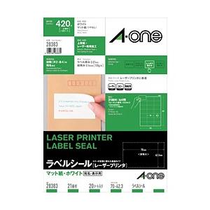 商品名 レーザープリンタラベル（A4サイズ・21面・20シート）　28383 型番 28383 JANコード 4906186283830 メーカー エーワン シートサイズ A4判 （210×297mm） 面付き 21面 （3列×7段） 一片...