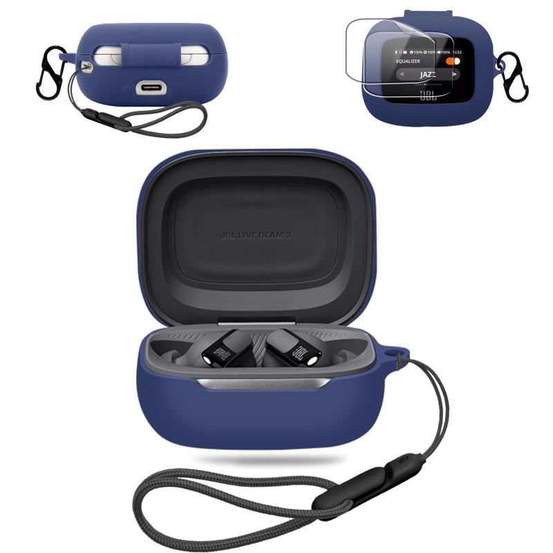 For JBL LIVE BEAM 3 用 ケース カバー +2枚フィルム【NOUKAJU】 ワイヤレス イヤーホン シリコン 保護ケース （カラビナ付き+ストラップ付き ） 落下防止 キズ防止 耐衝撃 装着充電可能 防水 防塵 (【対応機...