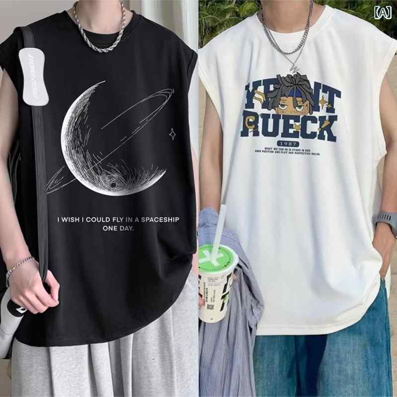 メンズ ノースリーブTシャツ 綿 夏用 スポーツ アウトドア 続々入荷中 A:黒宇宙+白1987 2点10 B:黒宇宙+黒1987 2点10 C:黒宇宙 100%綿 D:白宇宙 100%綿 E:黒1987 100%綿 F:白1987 100...
