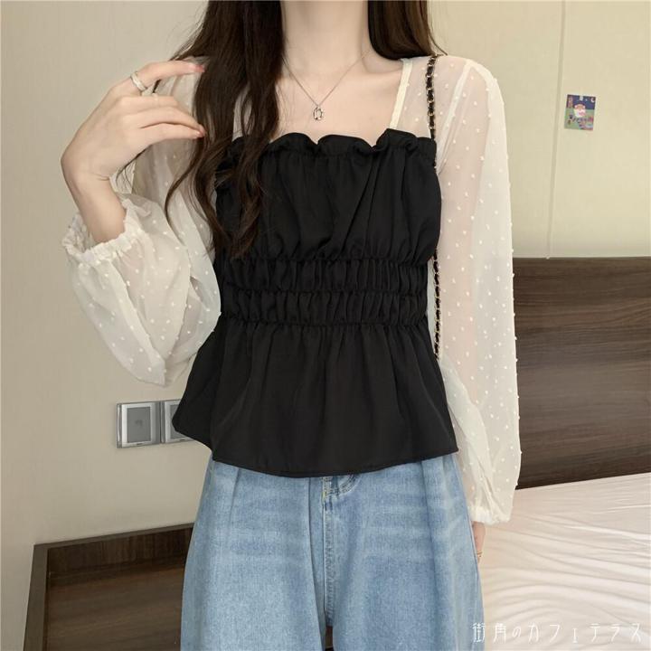 LINE友だち登録はコチラから &gt&gtカラー切り替えのブラウスウエストギャザーでスタイルアップ袖のドットもかわいい【カラー 】ブラック【サイズ】M L XL 2XL 3XL 4XL M胸囲:86　肩幅:38 袖丈:59　着丈:54L胸...