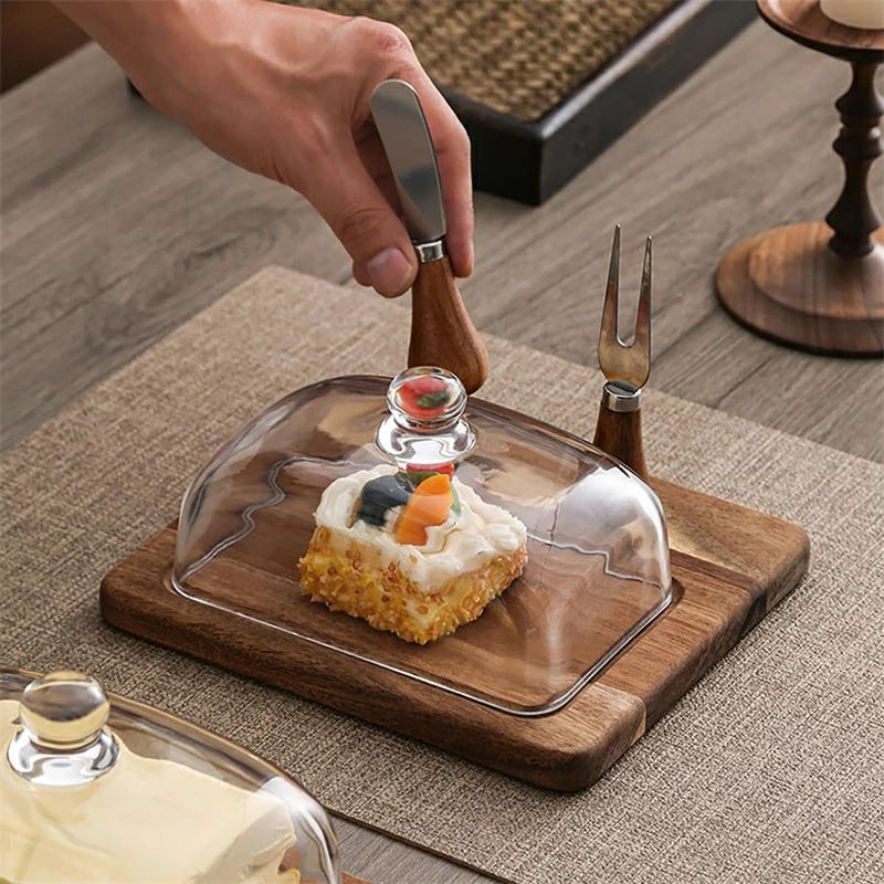 バターディッシュ バターケース 保存容器 ケーキスタンド ドーム蓋付 ケーキフード バターディッシュ 木製トレー ナイフ付き バターボックス 木製蓋 クリア ケース バター入れ バターナイフ ボックス 保存 お菓子作り カット 簡単 便利 ...