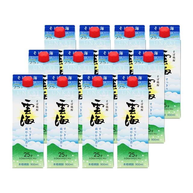 商品詳細 ■商品番号 275118 ■商品種別 雲海そば　スリムパック ■内容量 900ml×12本 ■アルコール度数 25度 ■麹菌 麹 ■蒸留方法 蒸留 ■メーカー 雲海酒造 ■原材料 蕎麦・麦麹・米 コメント 九州山脈の水で仕込んだ雲...