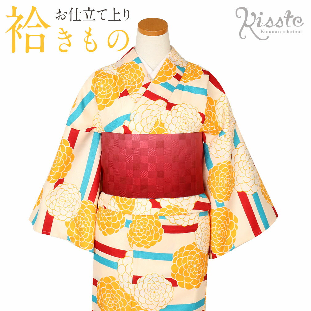 ◆お仕立て上り　袷着物◆ お洒落な洗えるお仕立て上り袷着物です。 生成りに映える赤とターコイズのボーダーと華やかな万寿菊が可愛らしいお着物です。 ワンピースのように洋服感覚で気軽に着ることができ、着物初心者の方でも安心して楽しんでいただけま...