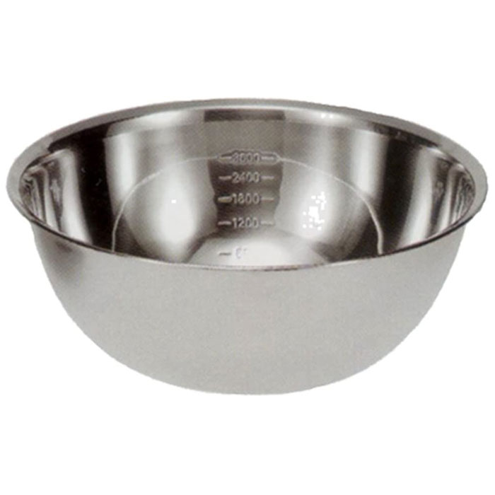 丈夫で衛生的なステンレス製。深型で作業しやすく、使いやすい。それぞれのサイズに目盛表示がついていて便利。ボウルの中にパンチングボウルがぴったりセットできるサイズ。目盛表示(満水容量)/600・1200・1800・2400・3000ml(約4...
