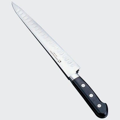 【仕様】サイズ：27cm全長：405mm質量：185g背厚：2.2mm堺 菊守 サーモン型包丁　特殊：ステンレス鋼アゴの部分を斜めに丸くカットしてあり、疲れにくく、フィットします。両面に楕円状のくぼみを設けました。 ※包丁の表示サイズは、す...