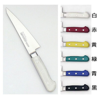 【仕様】サイズ：15cm全長：265mm質量：160g背厚：2.3mmスタンダード 抗菌 プラ柄ツバ付シリーズ 　材質：刀身/モリブデンバナジウム鋼 ハンドル/POM樹脂（耐熱温度150℃）　●抗菌6色のカラーハンドルで、食材別に使い分ける...
