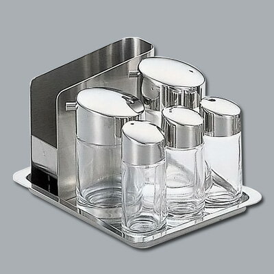 【仕様】 幅×奥行×高さ：160×120×105mm 重量：855g ＃900シリーズ 本体ガラス製 セット内容:正油・ソース・塩・コショー・楊枝・ナフキン立 ベースは18-8角型トレー小 (外寸158×120mm・内寸140×110mm)