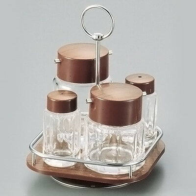 【仕様】 幅×奥行×高さ：145×145×198mm 重量：1.065kg (正油・ソース・塩・楊枝) (ベースは角型木目カスタースタンド)