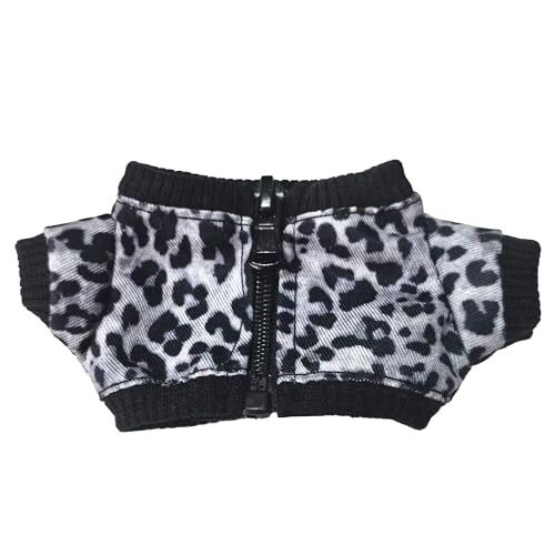 【ヒョウ柄 ジャケット 10cm ヌイグルミ用 黒 レオパード 着せ替え ぬい服 推し活 オタ活 プレゼント デスク飾り｜人気のヒョウ柄ジャケットでぬいぐるみをオシャレに演出！】 概要説明：ヒョウ柄のジッパージャケットは、10cm前後のぬい...