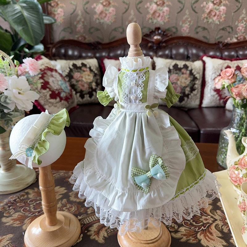BJDドール服 メイド風 ウォンピース エプロンドレス レースリボン付き グリーン 1/3 1/4 1/6 ハンドメイド アウトフィット ブライス｜上品なメイド風デザインで、ドールを可憐に演出するワンピース＆ヘッドドレスセット 概要説明：清...