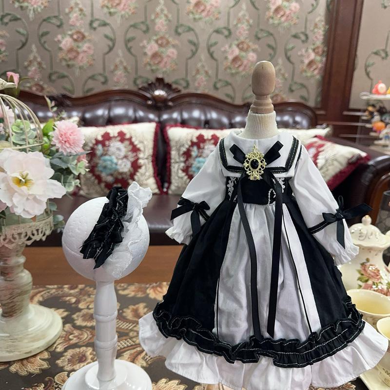 【BJDドール服 クラシックロリータ ワンピース ゴシック ヘッドドレスセット｜クラシカルでゴシックな魅力が引き立つ、人気のBJDドール用衣装セット】 概要説明：上品でクラシカルな雰囲気が漂う、BJDドール用のロリータ風ワンピース＆ヘッドド...