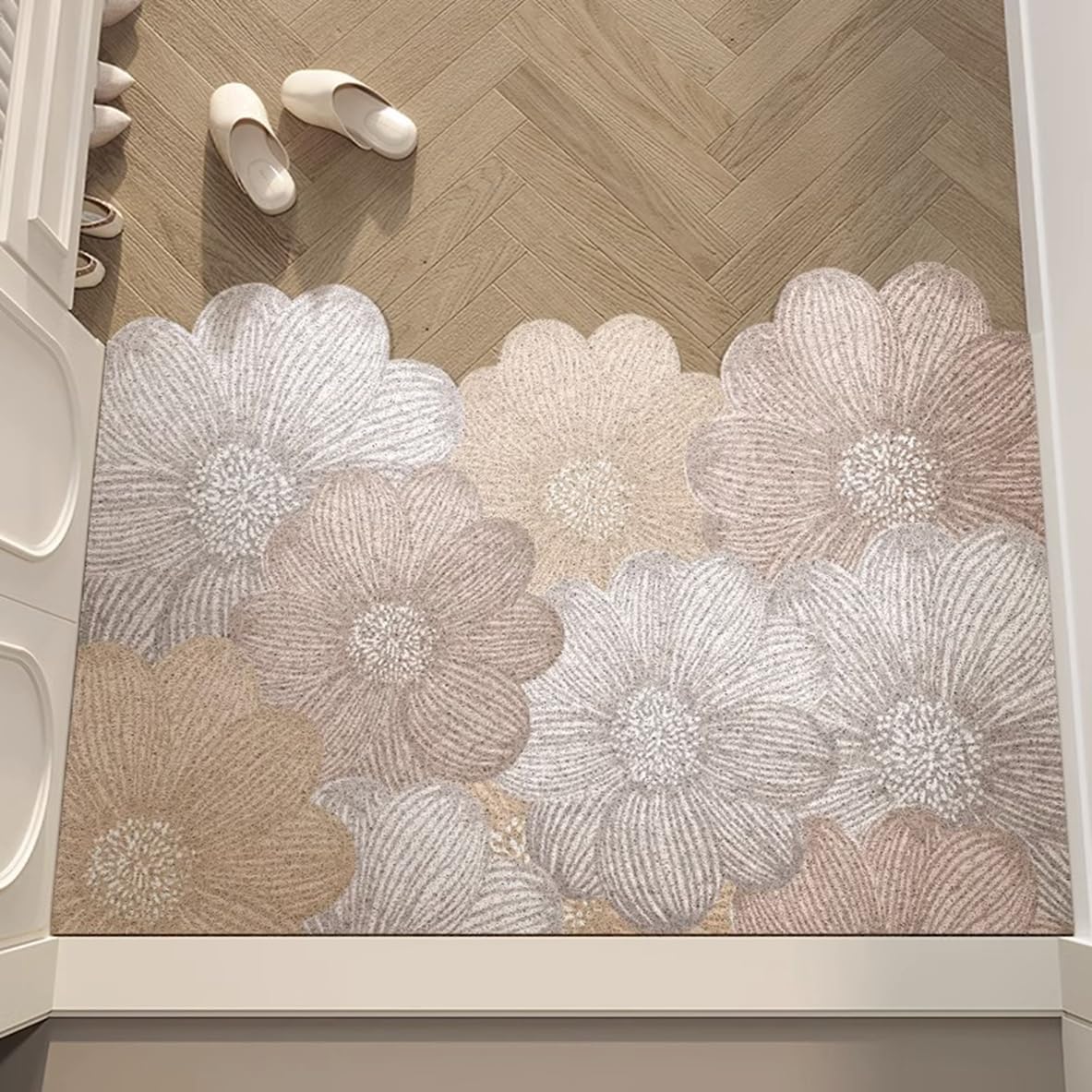 【玄関マット 北欧 モダン 花柄 吸水 防音 屋外 泥落とし 滑り止め 45*75cm｜泥汚れをしっかりキャッチ！防音・滑り止め付きのマルチマット】 概要説明：玄関マットとしての基本機能に加え、吸水・防音・滑り止めの機能を備えた多用途マット...
