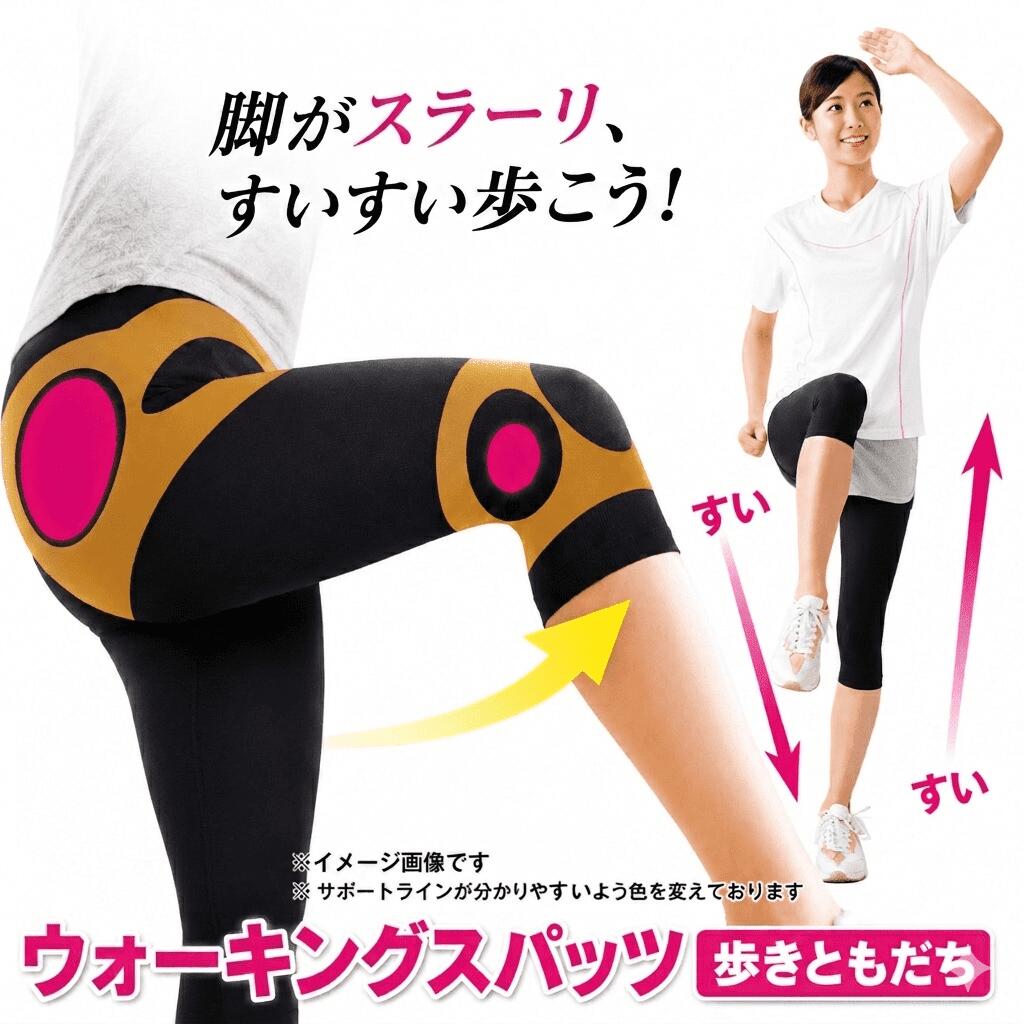 商品情報商品説明股関節と膝を「パッド状ライン」が添え手のように支えるスパッツ。脚がスラーリすいすい歩こう！年と共に股関節やひざは弱くなり、どうしても外向きにくせがついてしまいます。こんな方に歩きともだち。ひざと股関節にパッド状の着圧ラインを...