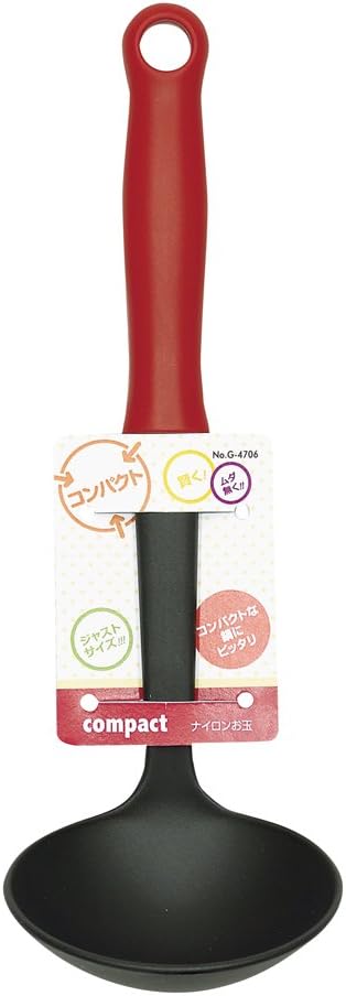 サイズ(約):お玉幅74×お玉奥行60×全長225mm、柄の長さ175mm 本体重量(約):30g 材質:皿部/ナイロン(耐熱温度180度)、ハンドル/ポリプロピレン(耐熱温度110度) 原産国:日本