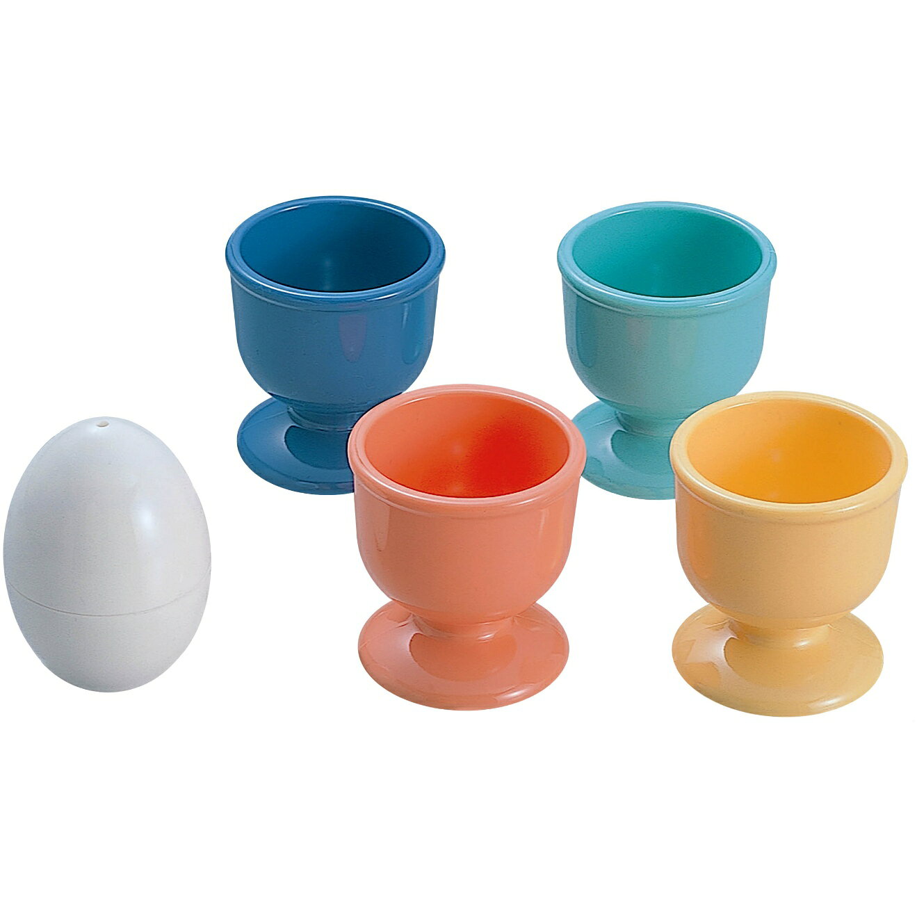 ■カラフルでかわいいエッグスタンドの4色セット。 軽くて丈夫、お手入れも簡単な卵立て。 卵形のかわいい調味料入れがセットなので、お好みの味でお召し上がり下さい。 ●サイズ：直径48×高さ50mm ●重量：20g ●材質：スチロール樹脂 ●原...