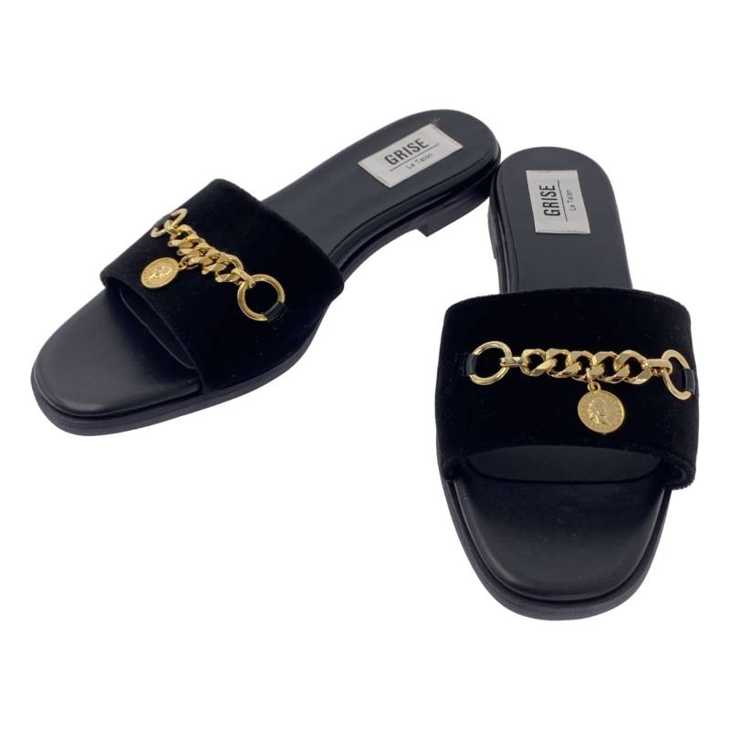 【美品】 Le Talon / ルタロン | GRISE / ベロア チェーン装飾 サンダル フラットシューズ | M | ブラック | レディース商品詳細情報ブランドLe Talon / ルタロン商品名GRISE / ベロア チェーン装飾...