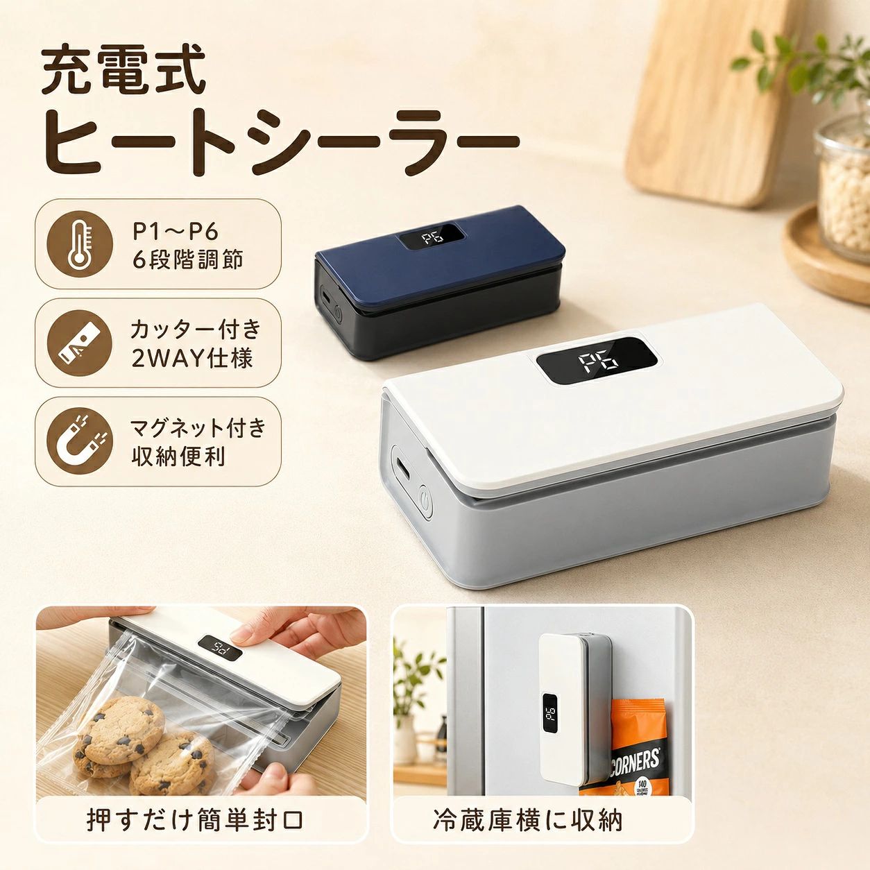 商品説明開封したお菓子や食品袋の袋口を熱で圧着できる、充電式のヒートシーラーです。コンパクトな本体を押して動かすだけで、家庭で手軽に袋とじができます。 P1～P6の6段階で加熱レベルを調節でき、薄手の袋から厚手の袋まで、袋の厚みに合わせて使...