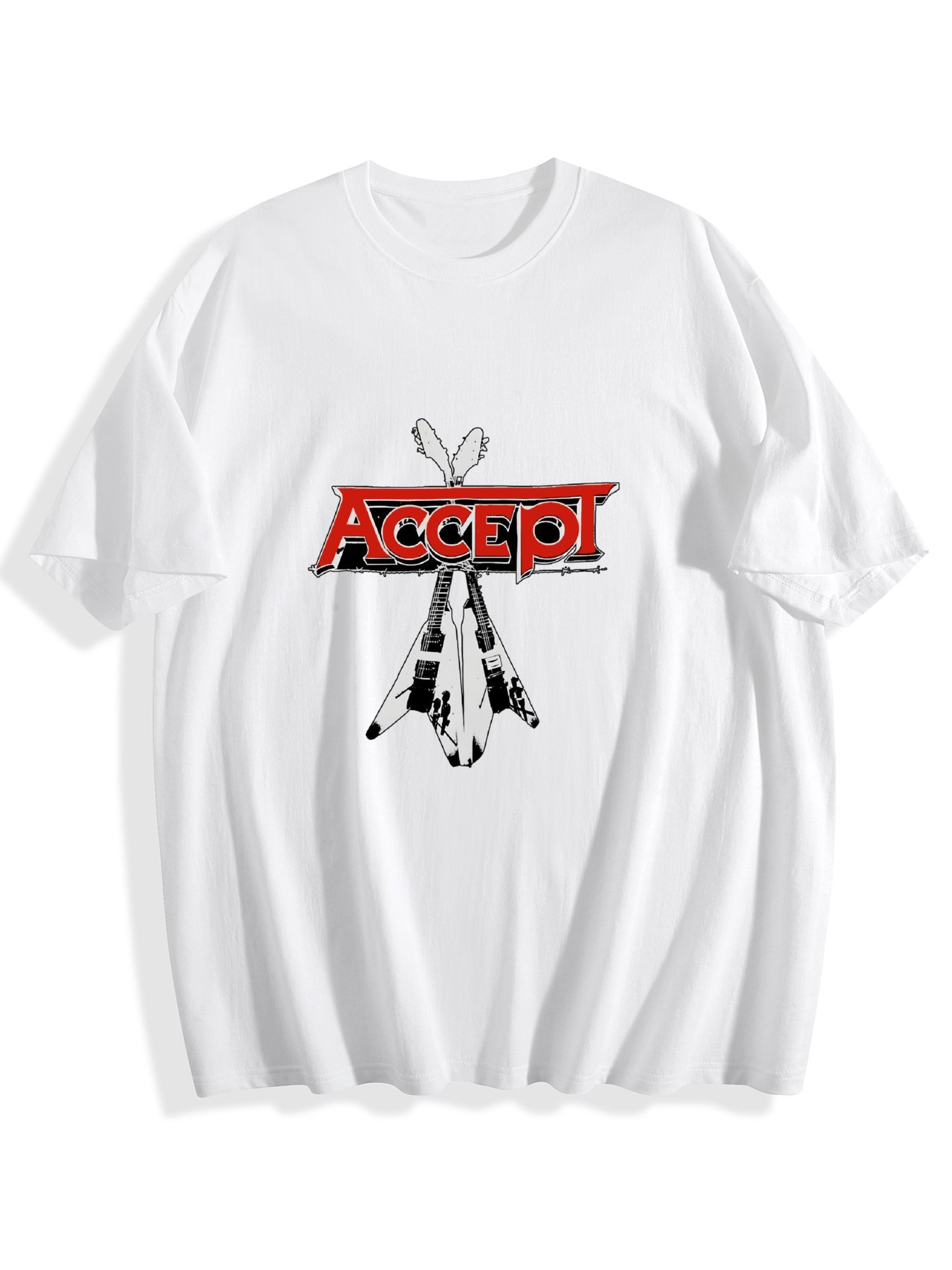 ACCEPT ヴィンテージロックグラフィックTシャツ 200g純綿 送料無料 「ACCEPT」のロゴとダブルギターを融合させたヴィンテージロックデザインを、200gの厚手純綿Tシャツに再現。ゆったりとしたシルエットが体型を優しくカバーし、日...