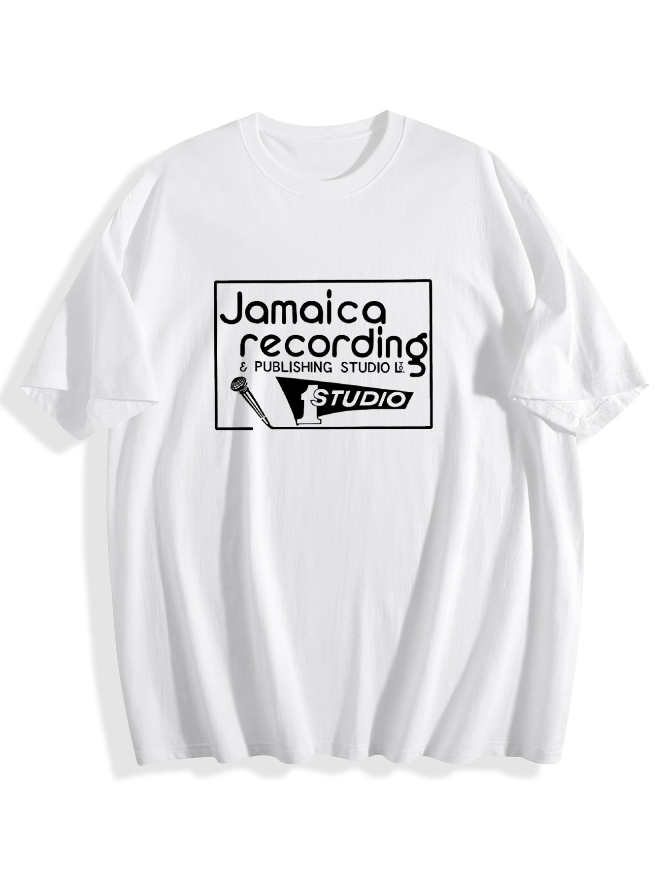 Jamaica recording スタジオプリントTシャツ 200g純綿 送料無料 「Jamaica recording & PUBLISHING STUDIO」——ジャマイカ音楽スタジオのヴィンテージロゴとマイクグラフィックを、200g...