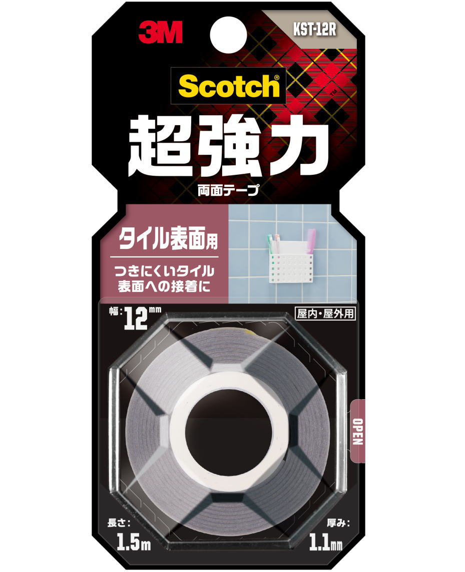 【品番】KST-12R 【サイズ】幅12mm×長さ1.5m×厚み1.1mm 【特長】 ●柔軟性が高く、タイル目地にも柔軟に追従します。 ●抗菌加工したタイルにも接着可能な両面テープです。 ●JIS規格＜Z1541＞1種レベル（構造用接合部）...