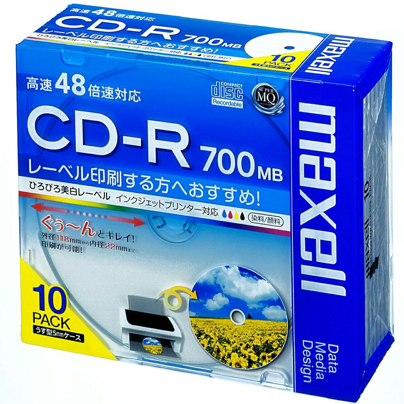 ■製品特徴 記憶容量ー700MB・高速記録でも安定した記録特性。・「SuperMQ色素」により、記録パワーマージンを拡大し、48倍速記録に対応。・外径118mmから内径22mmまで美しくワイドな印刷が可能。・低エラーレートを実現。・2〜48...