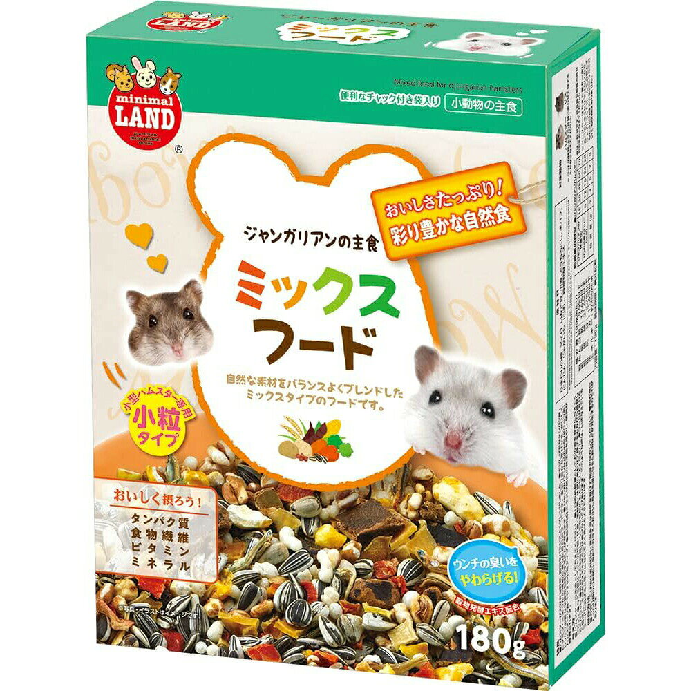 ■製品特徴 トウモロコシなどの穀物や小粒ひまわり、野菜類をバランスよくブレンドしたハムスタフードです。ジャンガリアンなどの小型ハムスターの主食に適しています。 ■与え方 ●1日につき体重15gにつき2gを目安におあたえください。 ■使用上の...