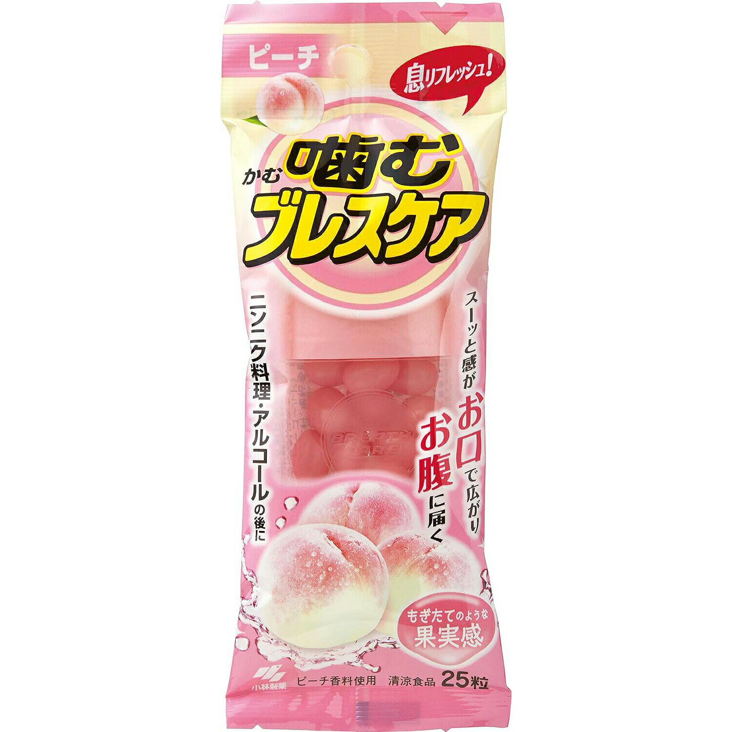 ■製品特徴 ●噛むと清涼感がお口に広がり、その清涼感がお腹に届いて息リフレッシュする2層の息清涼食品 ●ピーチ味 ■召し上がり方 1回の目安量：1-2粒、気になる時は2-3粒 【品名・名称】 清涼食品(グミ) ■原材料 砂糖、マルトース、ゼ...