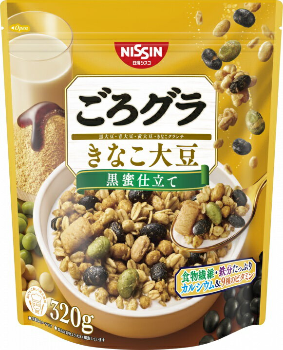 製品の特徴 ●大豆のリッチなおいしさが楽しめる、うれしい栄養バランスのグラノーラ ●こんがり香る黒蜜きなこ味で、具材のおいしさが引き立つザクザク食感のシリアルに、 黒大豆、青大豆、黄大豆、ザクザクきなこクランチを加えました。 ●たっぷりの食...