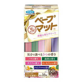製品の特徴 ●気分で選べる5つの香り。 定番のベープマットに、心やすらぐ香りのアソートタイプが仲間入りしました。 使い始めの3〜4時間はしっかりと、それ以降はほんのりと香るので、おやすみ前やリラックス時にもぴったりです。 ・バラの香り 美し...