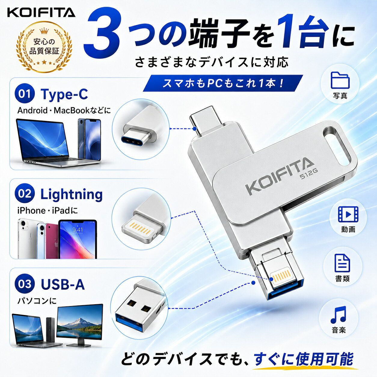 商品説明 🔌【3in1 多端子搭載・Phone/Pad/PC/Android 全機種対応】 iOS/USB3.0/Type-C/Micro USB の 4 端子を 1 本に集約したマルチ USB メモリ。最新の Phone1...