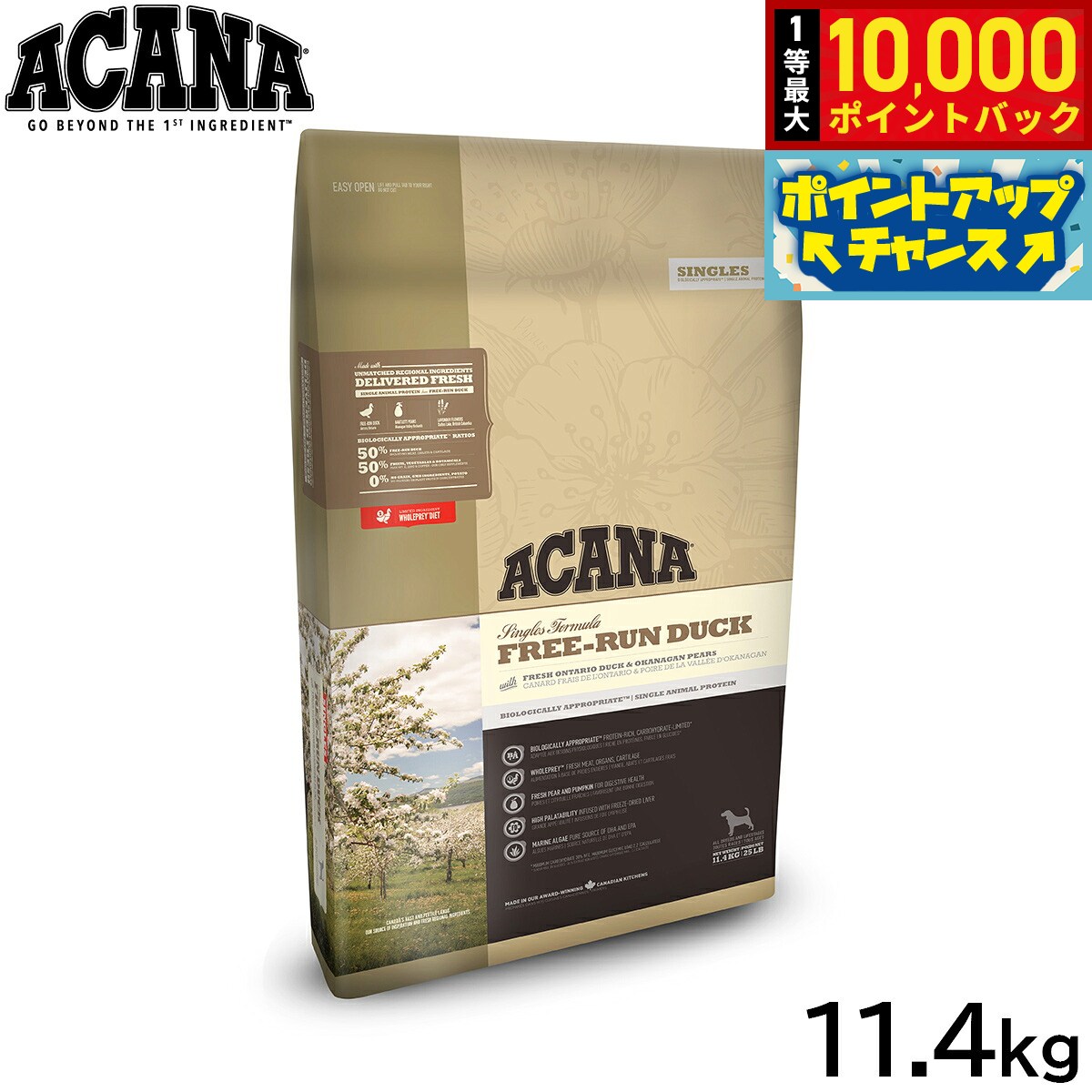 アカナ フリーランダックは、食物に敏感なあらゆる年齢の犬に最適な原材料限定フードです。栄養豊かな放し飼い鴨肉を唯一の肉原材料としてたっぷり使用しています。ホールプレイ比率で含有されている新鮮鴨肉、レバー、軟骨の天然原材料が必須栄養素を自然な...