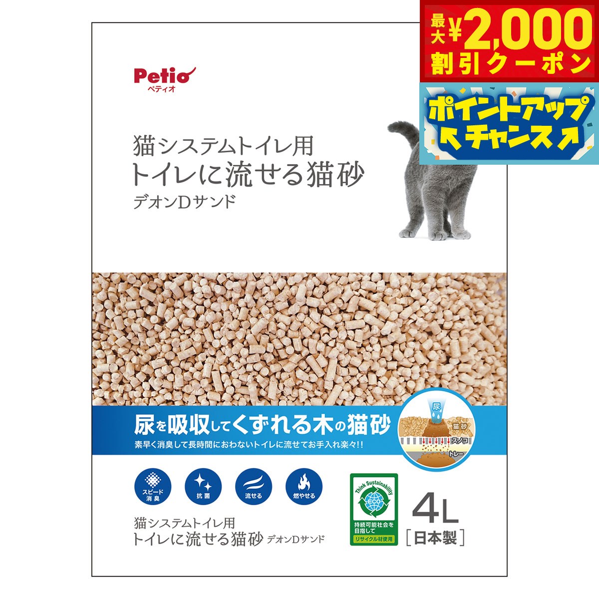 尿を吸収し崩壊してくずれる猫砂です。瞬間的な消臭力のあるデオンDという猫砂専用の消臭剤が入っているため、消臭力が高いです。トイレに流せてお手入れ楽々。可燃ごみとしても処理できます。商品名Petio ペティオ システムトイレ専用 トイレに流せ...
